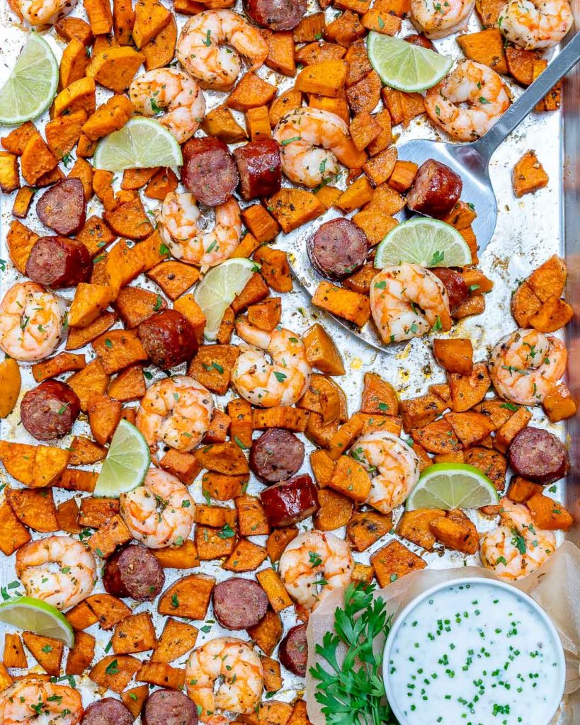 Super Easy Sheet Pan Shrimp ‘Boil’ + Homemade Ranch Sauce for Clean ...
