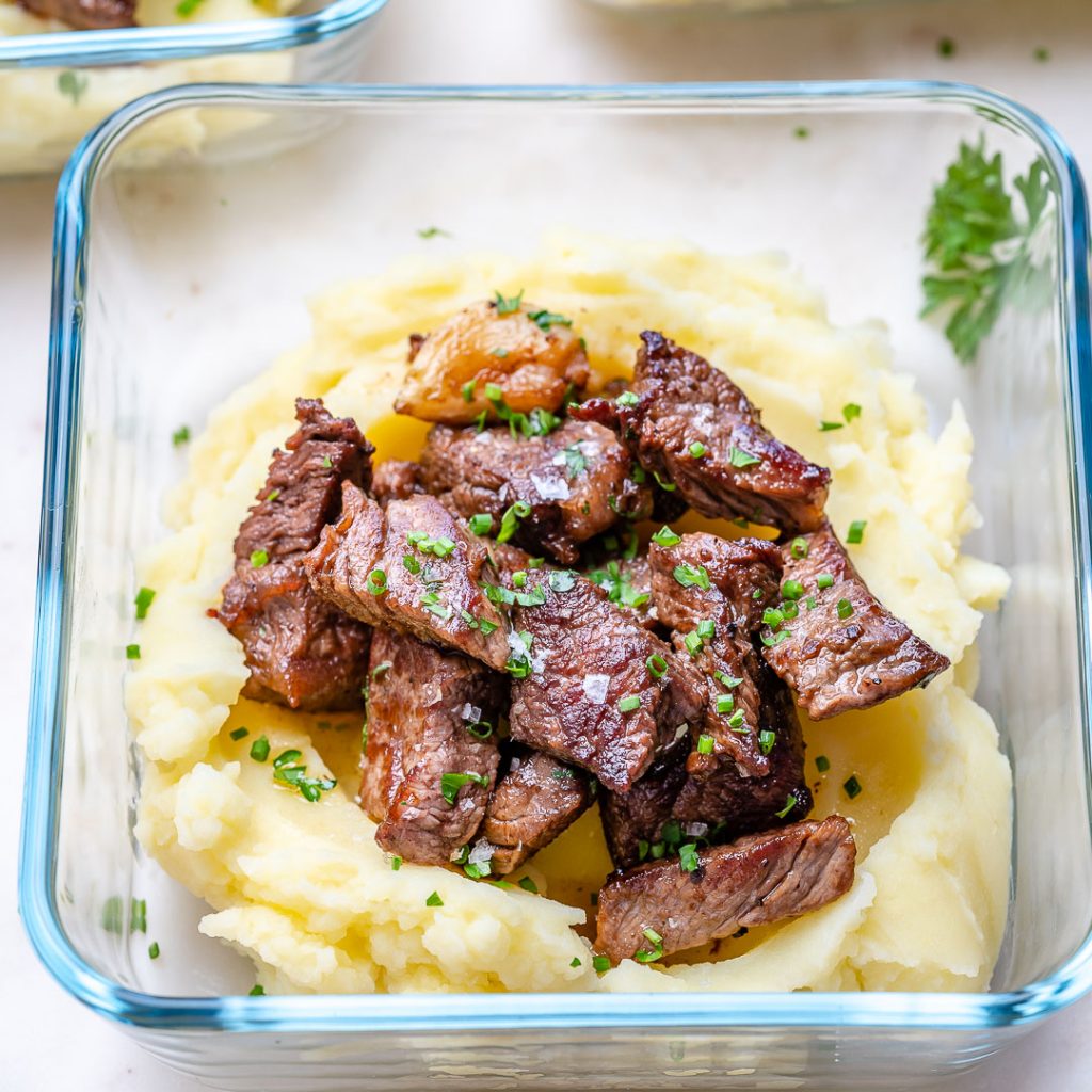 Garlic Butter Steak Bites with Mashed Potatoes for Meal Prep | Clean ...