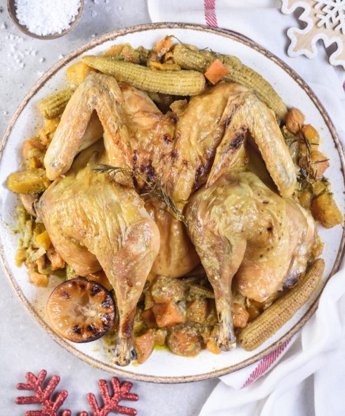 Christmas Roasted Spatchcock Chicken with Root Veggies + Pesto | Clean ...